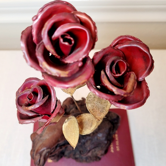 Art | Vintage Mcm Copper And Metal Red Roses Leaves In Petrified Wood ...